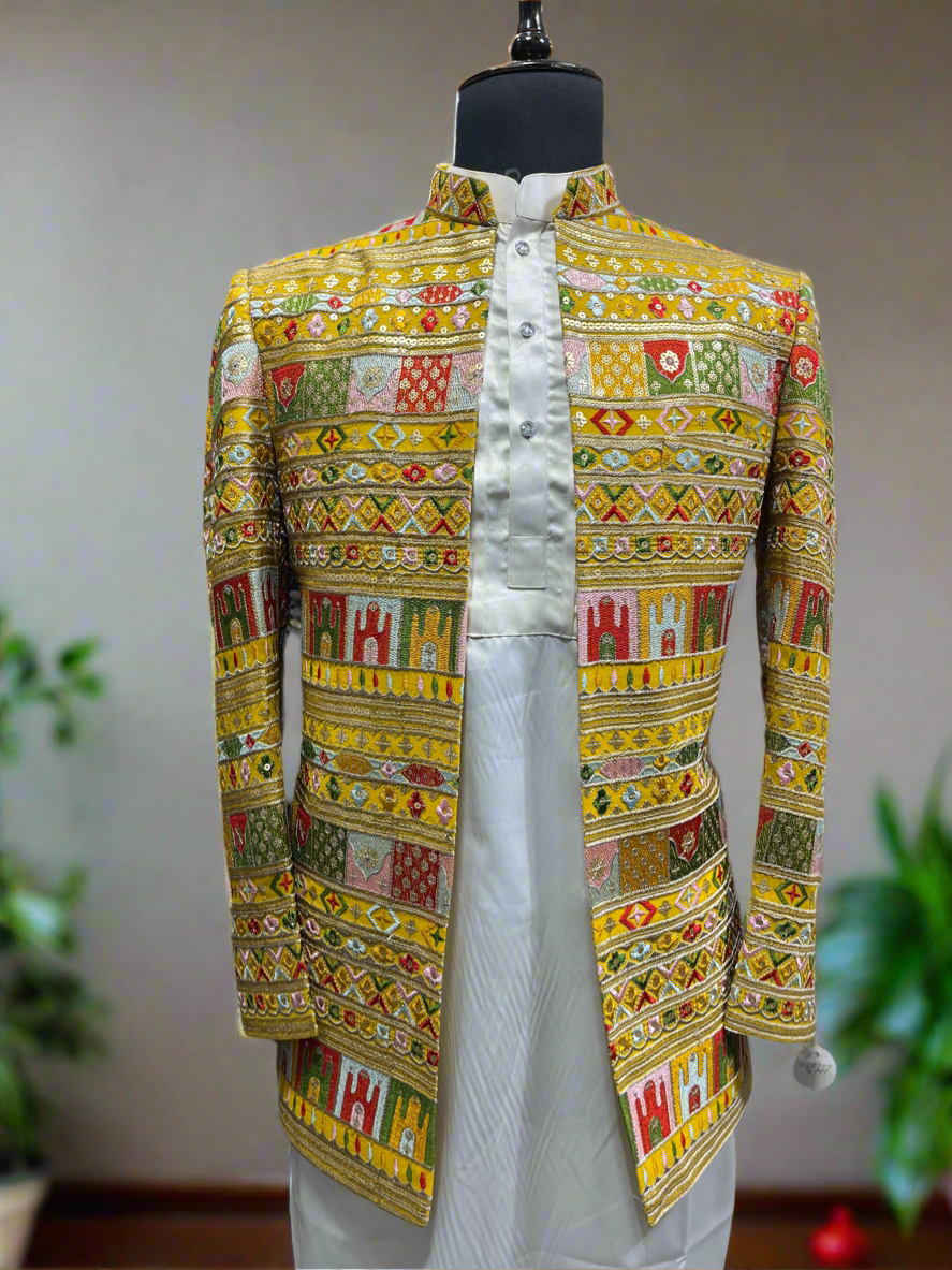 Elevate Your Haldi Look with Yellow Open Jodhpuri Set – KPH Outfits ...