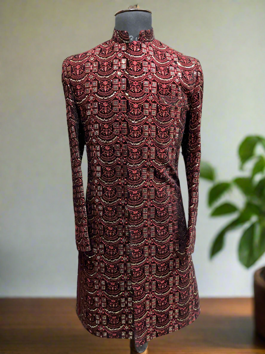 Men's Exclusive Maroon Velvet Indo-Western Sherwani Set- KPH Outfits ...