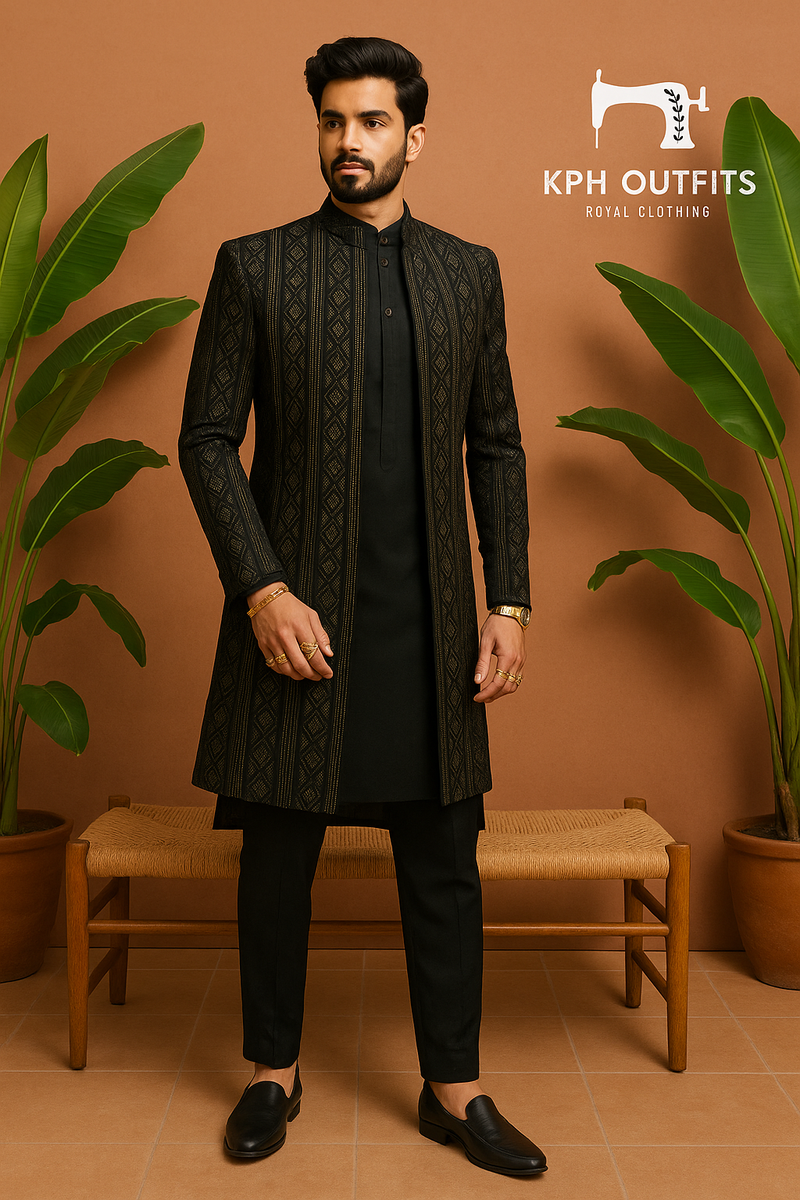 Men's Dyeable Black Lakhnavi Open Jodhpuri Set – Luxury Wedding Wear b ...
