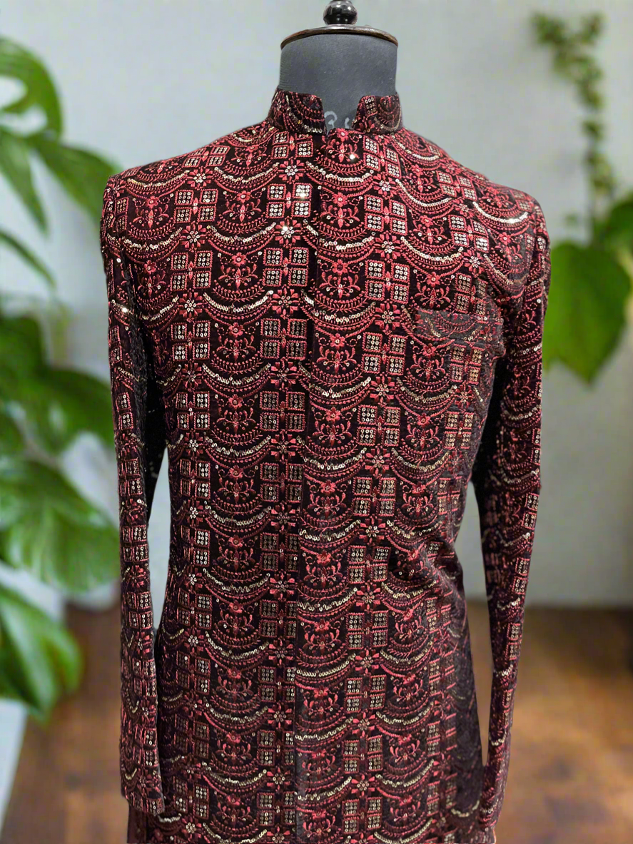 Men's Exclusive Maroon Velvet Indo-Western Sherwani Set- KPH Outfits ...