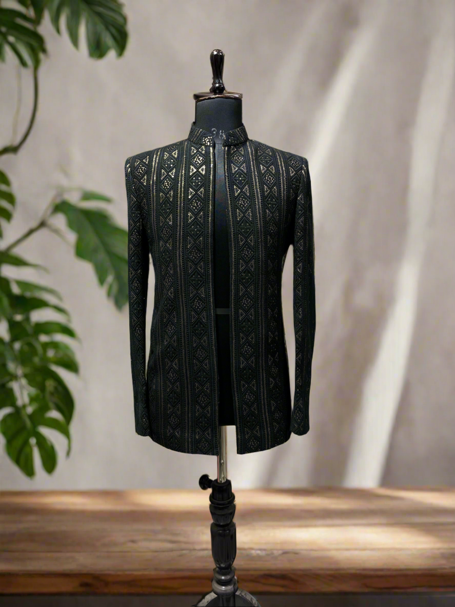 Men's Dyeable Black Lakhnavi Open Jodhpuri Set – Luxury Wedding Wear b ...