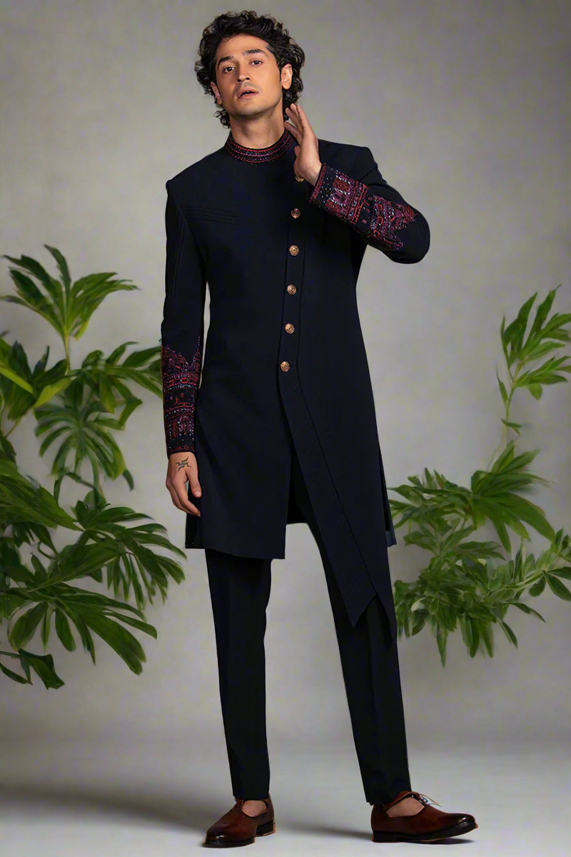 Men's Exclusive Navy Blue Draped Stylish Embellished Indo-western Set ...