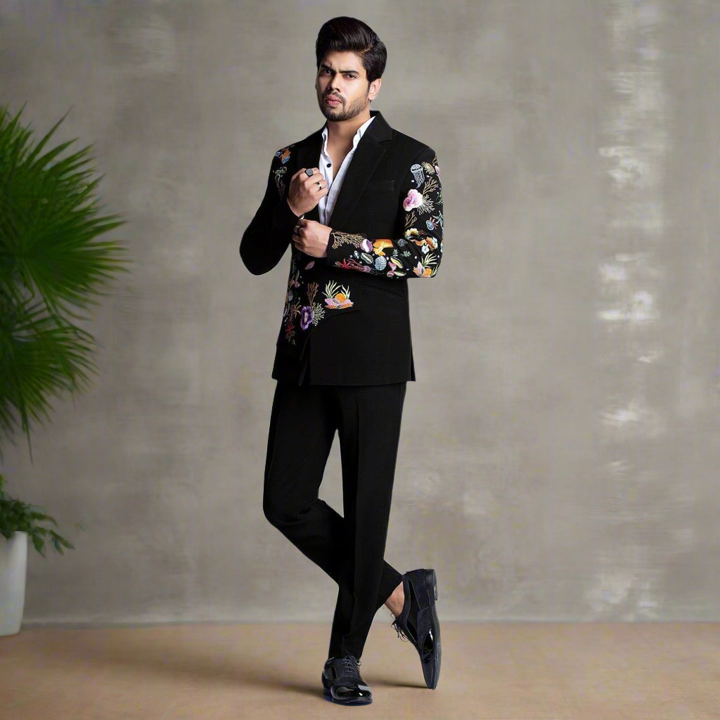 en's Exclusive Black Multi-Color Embellished Stylish Tuxedo Suit – Exc ...